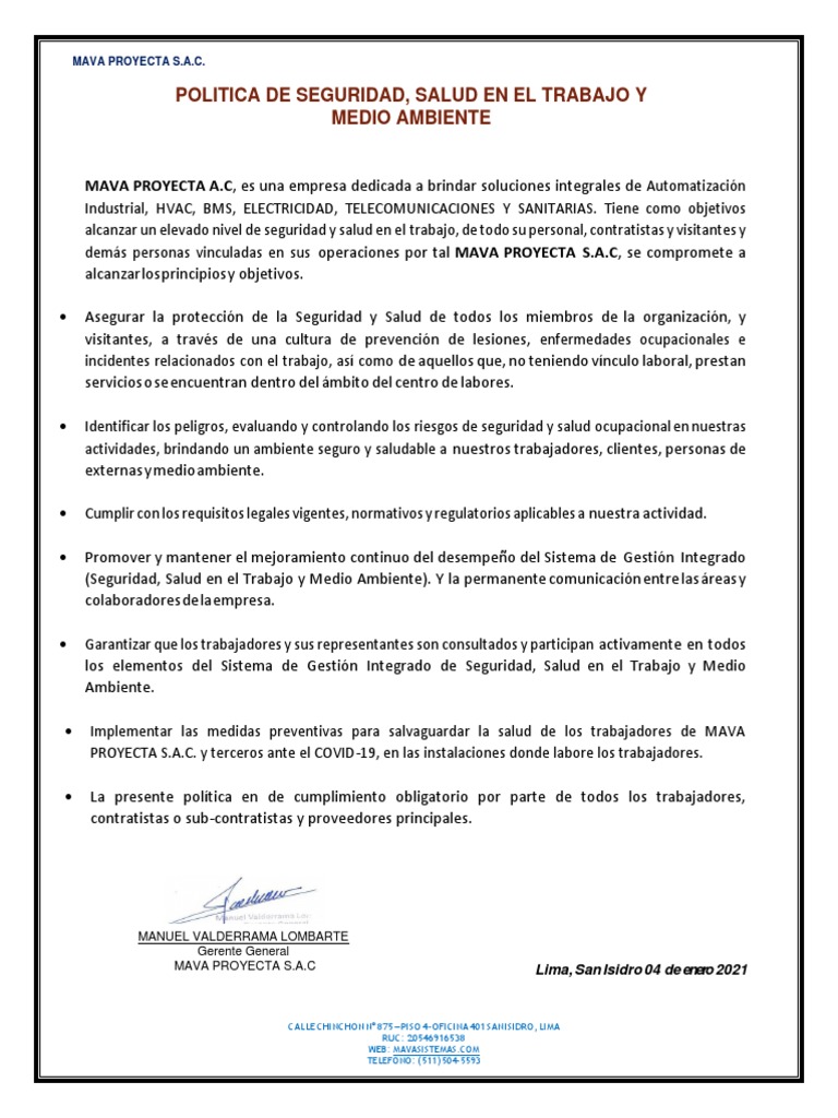 MAVA-SST-POL-GCIA 002 Politica de Seguridad, Salud en El Trabajo y Medio Ambiente | PDF ...