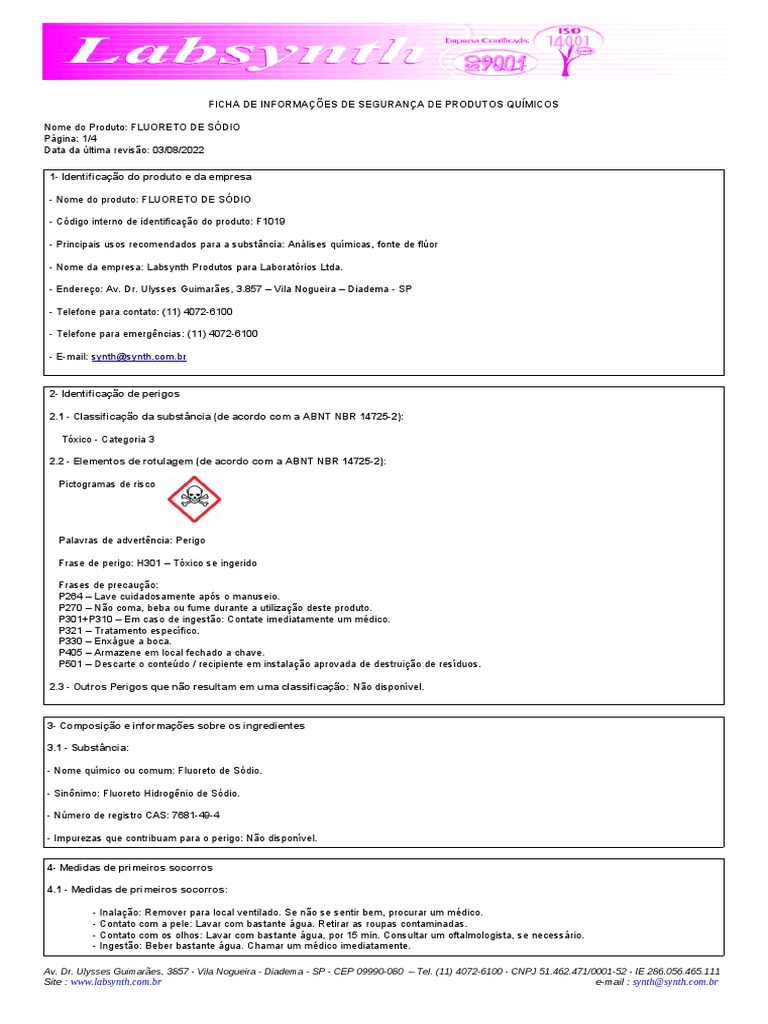 FISPQ - Fluoreto de Sodio | PDF | Química | Vapor