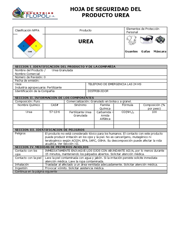 Hoja de Seguridad Flopol - Urea | PDF | Amoníaco | Agua