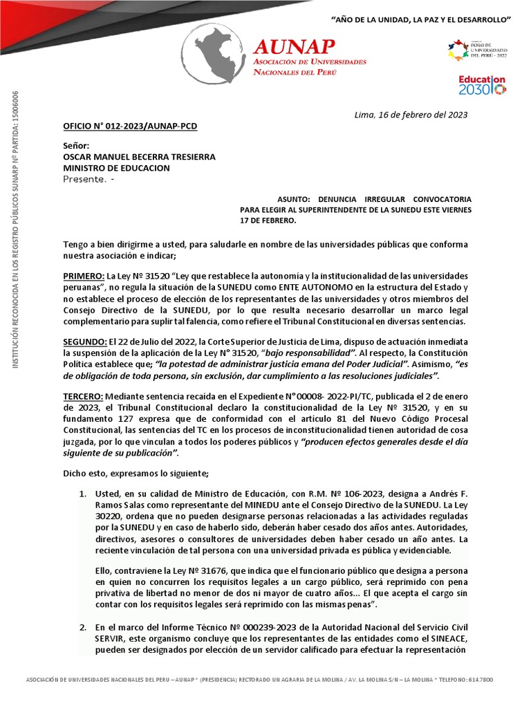 Carta Al Ministro de Educación | PDF | Gobierno | Justicia