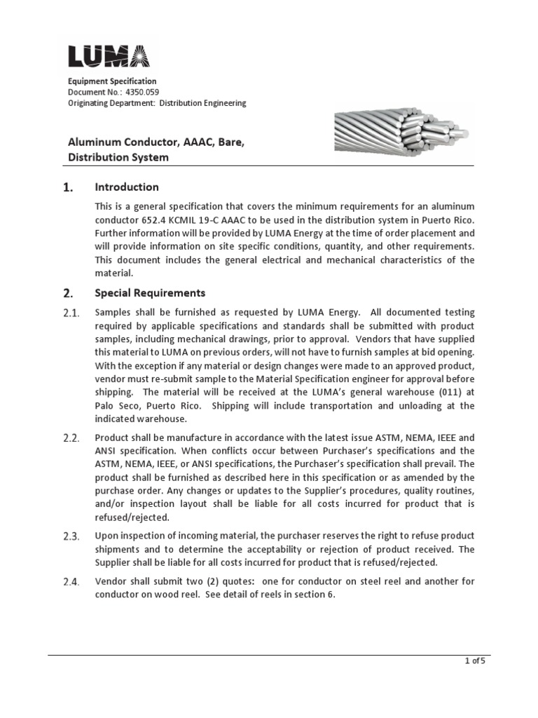 AAAC Aluminum Conductor Specs for Puerto Rico | PDF | Specification ...