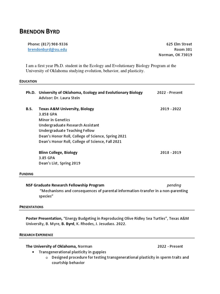 Byrd CV 20230213 | Download Free PDF | Biology | Evolution