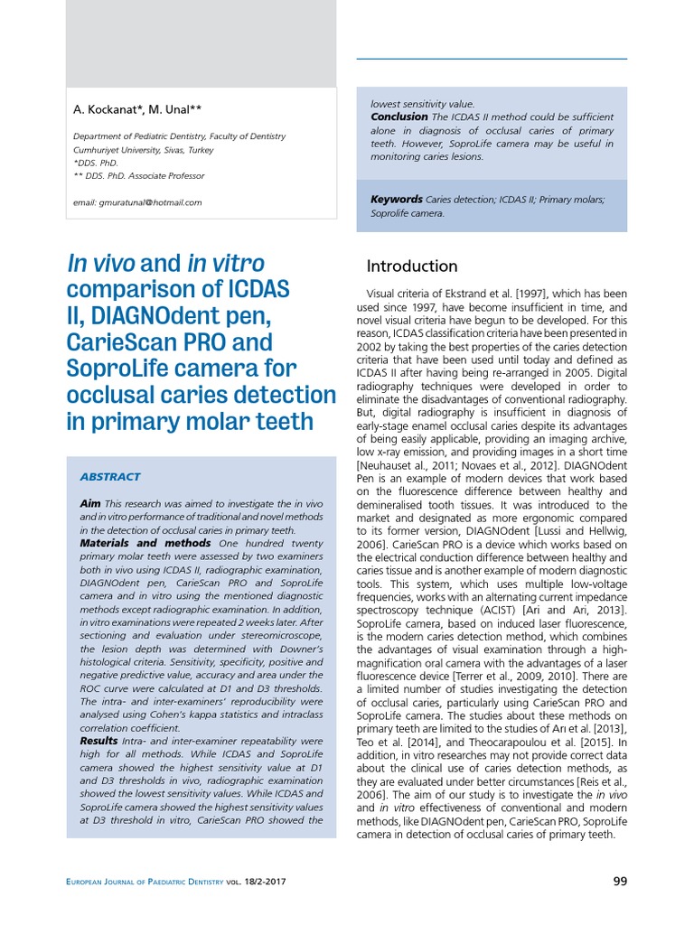 In Vivo And In Vitro Comparison Of Icdas Ii Diagnodent Pen Cariescan