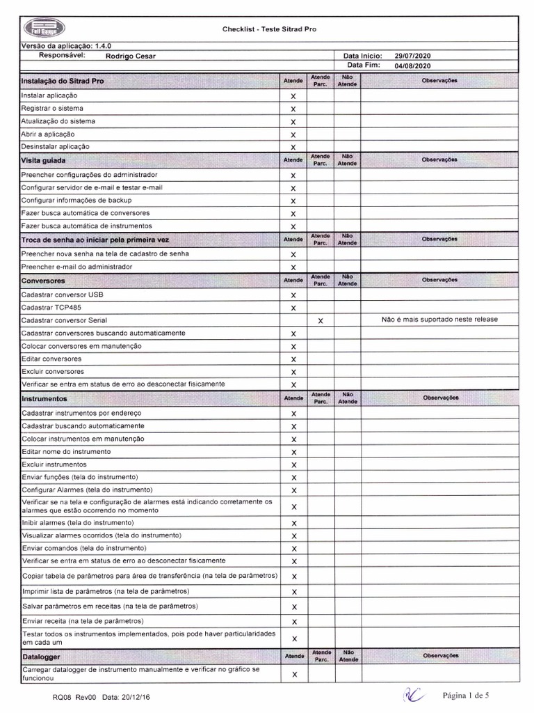 Checklist de Testes 1.4.0 Teste para FDA | PDF