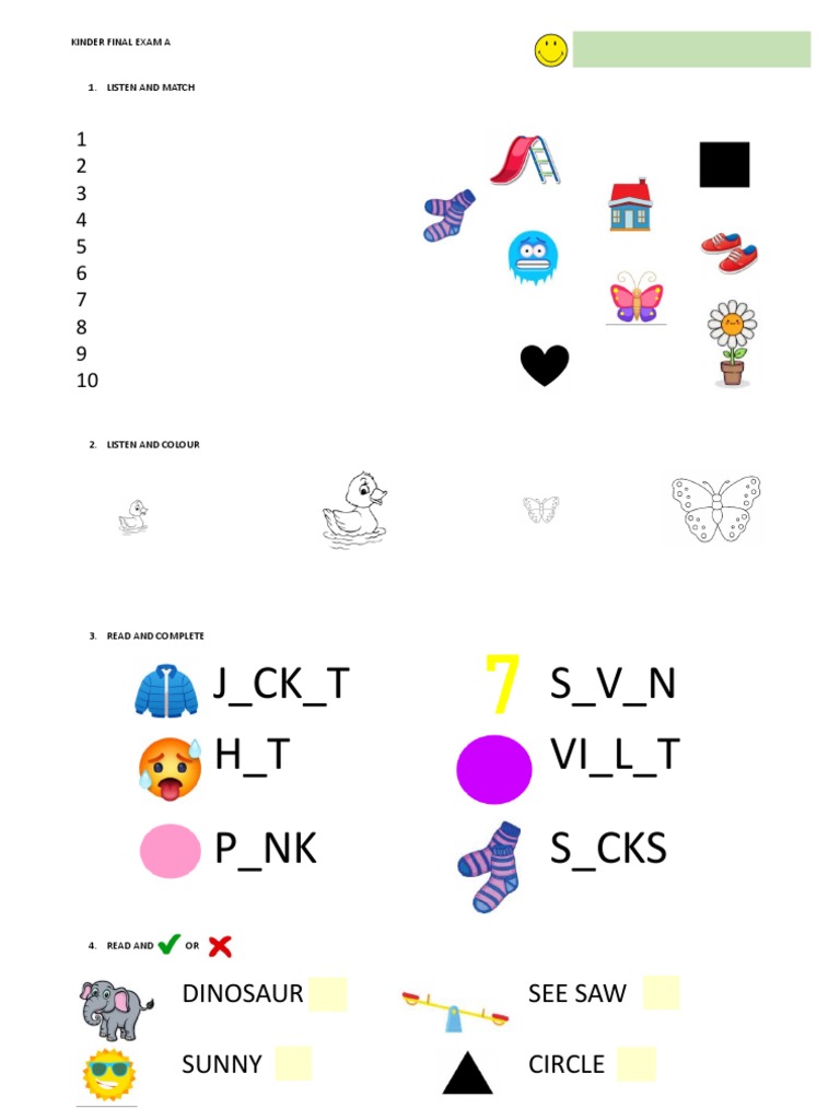 Kinder Final Exam A | PDF