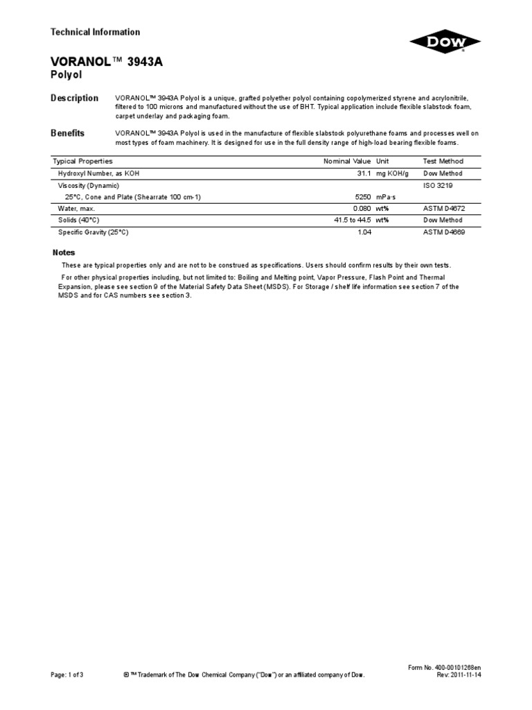 Voranol 3943a Polyol Tds | PDF | Polyurethane | Chemistry