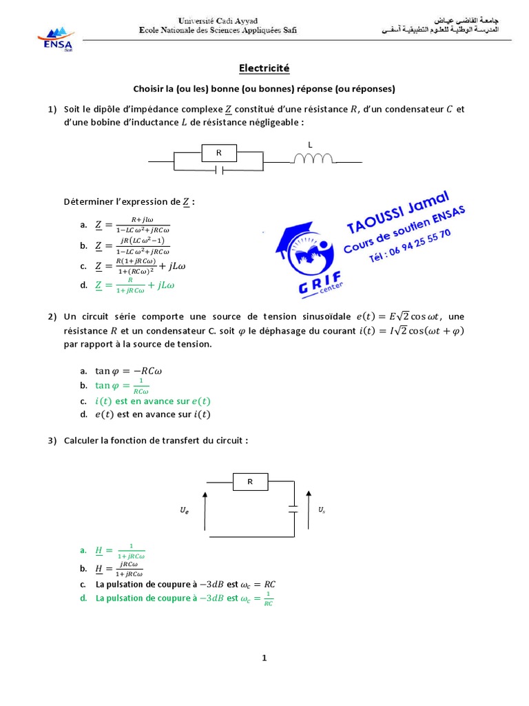 QCM Electricité - Correction 2018 | PDF | Impédance (électricité) | Amplificateur électronique