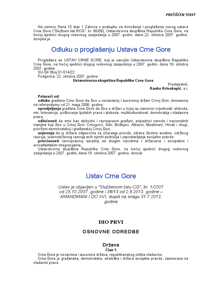 Ustav Crne Gore Preciscen Tekst 1 | PDF