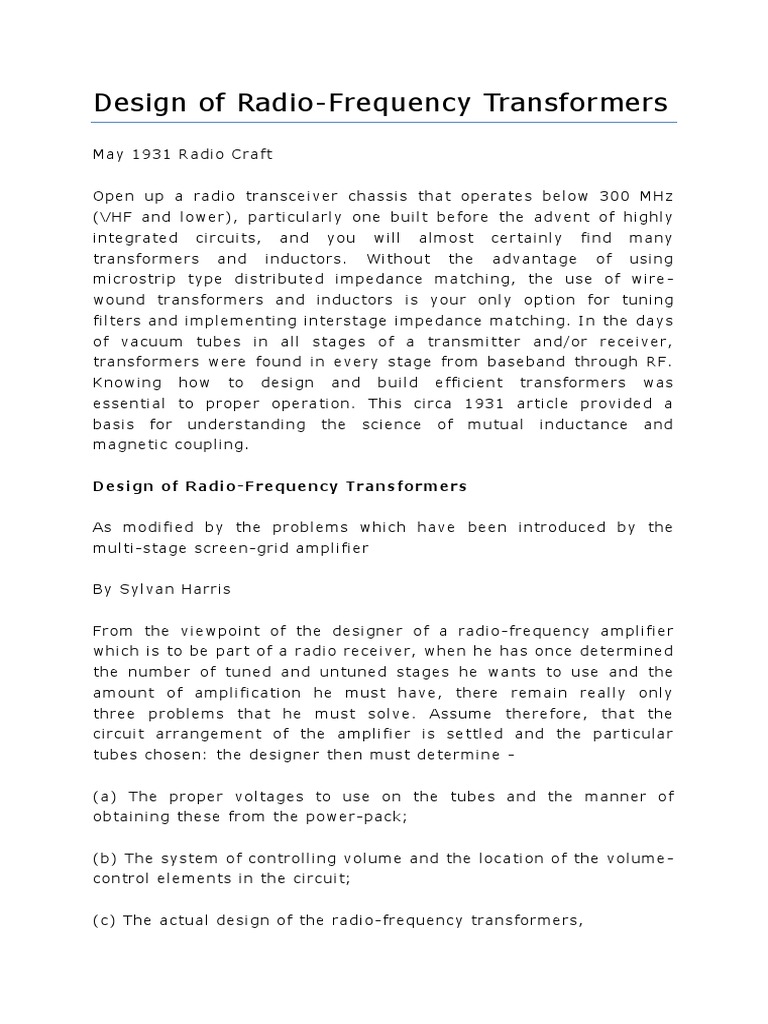 Design of Radio-Frequency Transformers | PDF | Inductance | Amplifier