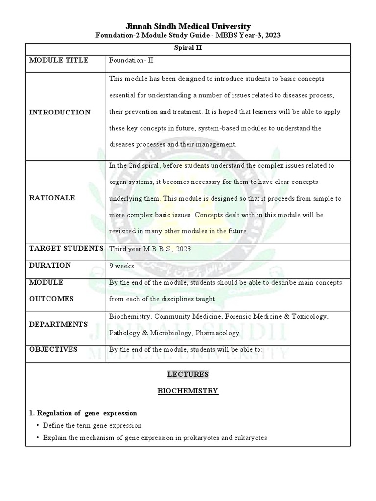 Jinnah Sindh Medical University: Foundation-2 Module Study Guide - MBBS Year-3, 2023 Spiral II ...