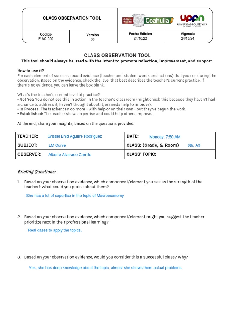Class Observation Tool 2022 | PDF | Learning | Teachers