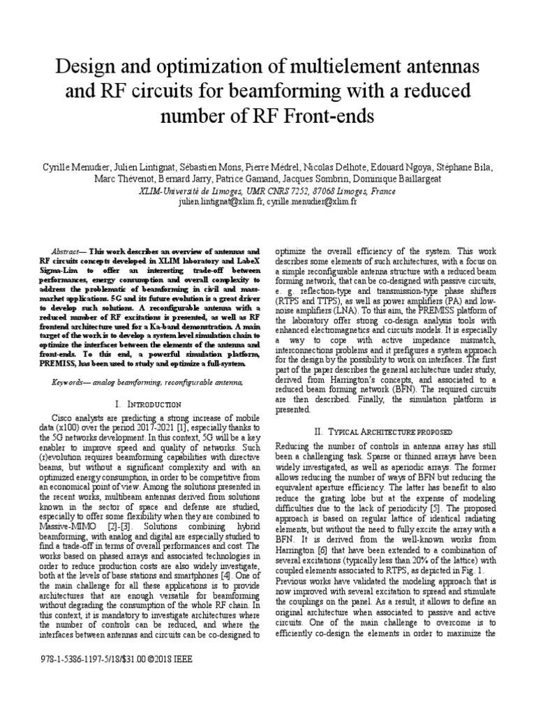 Design and Optimization of Multielement Antennas and RF Circuits For Beamforming With A Reduced ...