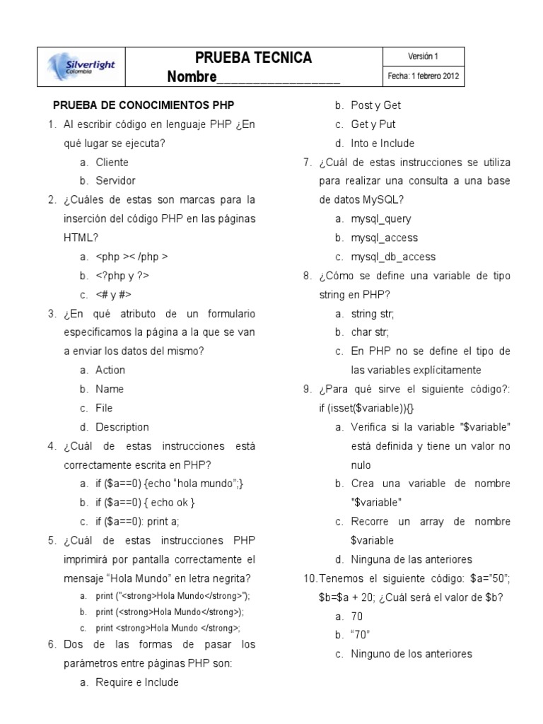 Formato Prueba Tecnica Desarrollador | PDF | Php | Mi sql