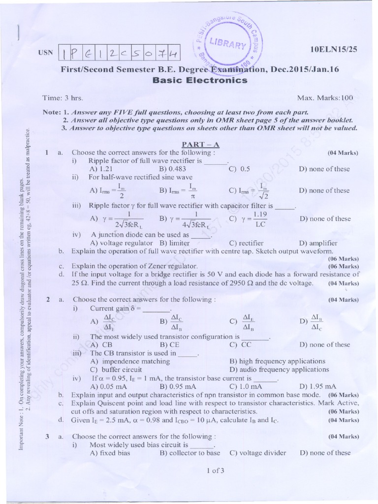 Basic Electronics: First/Second Semester B.E. Degree Examination | PDF ...