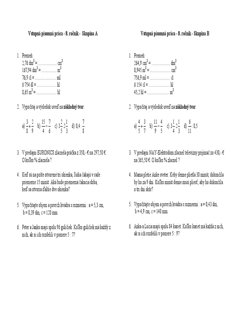 Vstupná Previerka z Matematiky | PDF