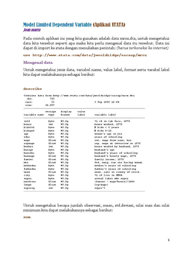 Modul Stata (LPM, Logit, Probit) - Joan-1 | PDF