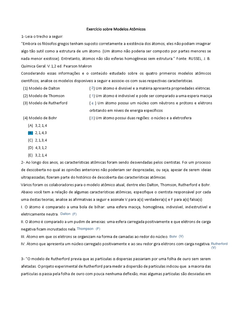 Exercício sobre Modelos Atômicos | PDF | Elétron | Núcleo atômico