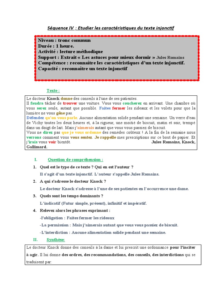 Texte injonctif : conseils du Dr Knock | PDF | Phrase | Verbe