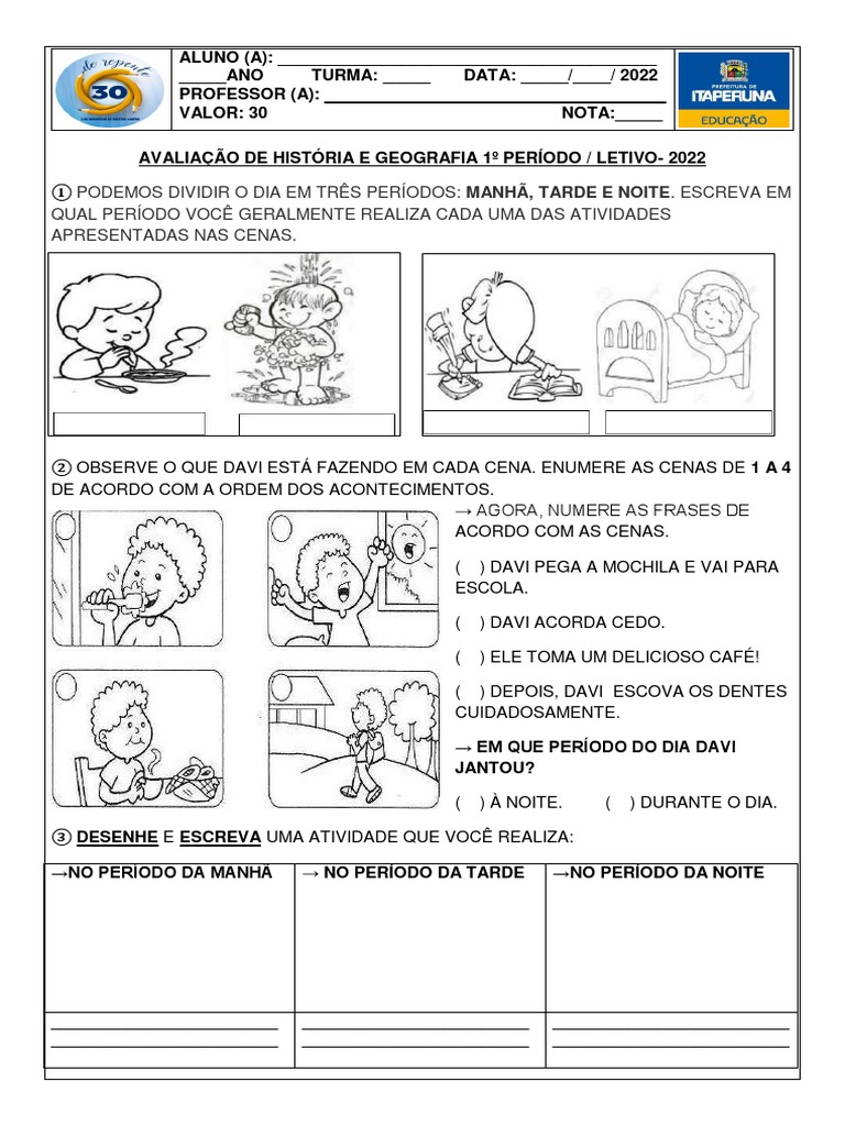 Prova 1º Período Letivo Hist. e Geogr. | PDF | Calendário