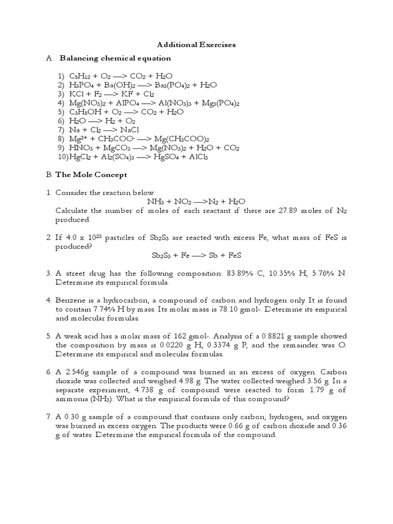 Additional Practice Exercise | PDF | Mole (Unit) | Water