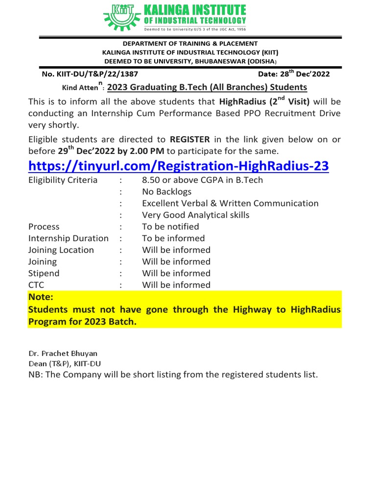 HighRadius Internship Drive at KIIT | PDF | Business | Technology ...