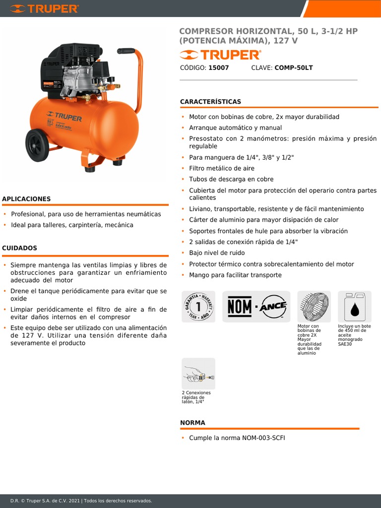 Ficha Tecnica Compresora 50L Truper | PDF | Cobre | Aluminio