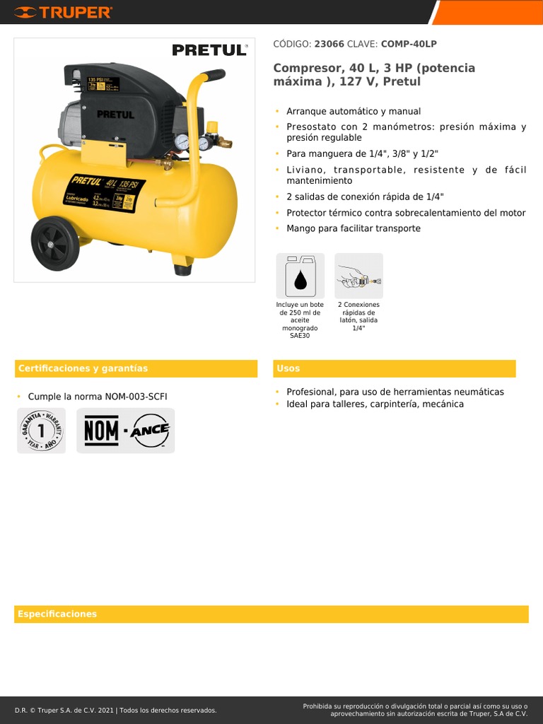 Ficha Tecnica Compresora 40L Pretul | PDF | Bienes manufacturados