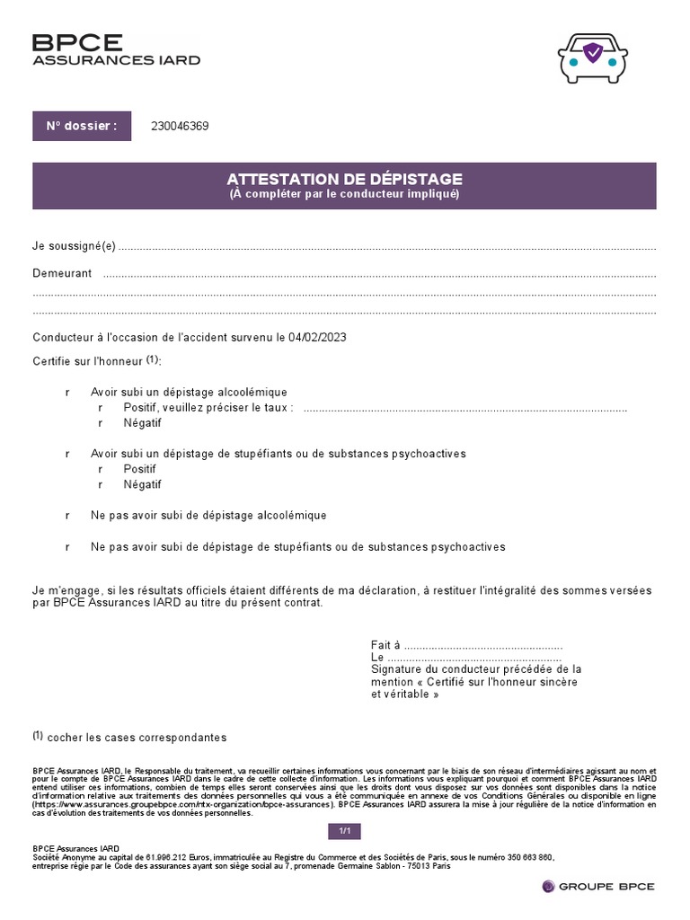 Attestation de Dépistage BPCE IARD | PDF | Affaires | Finance et ...