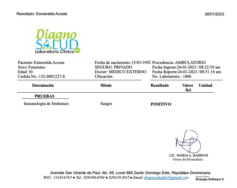 Resultados de prueba de embarazo positiva para Esmeralda Acosta | PDF