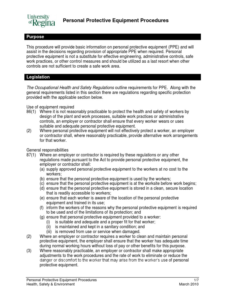 Personal Protective Equipment Procedures | PDF | Personal Protective ...