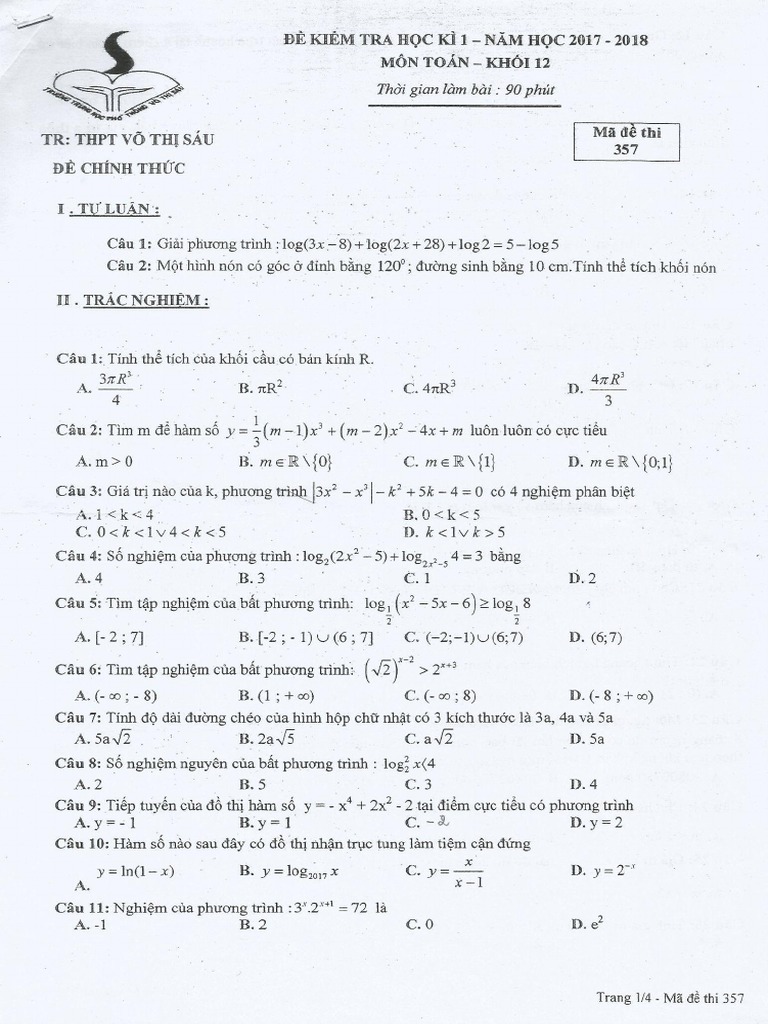 De Kiem Tra hk1 Toan 12 Nam 2017 2018 Truong THPT Vo Thi Sau TP HCM | PDF