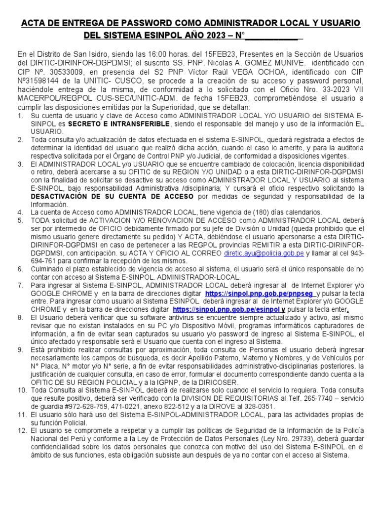 Acta de entrega de credenciales de acceso al sistema ESINPOL como administrador local y usuario ...