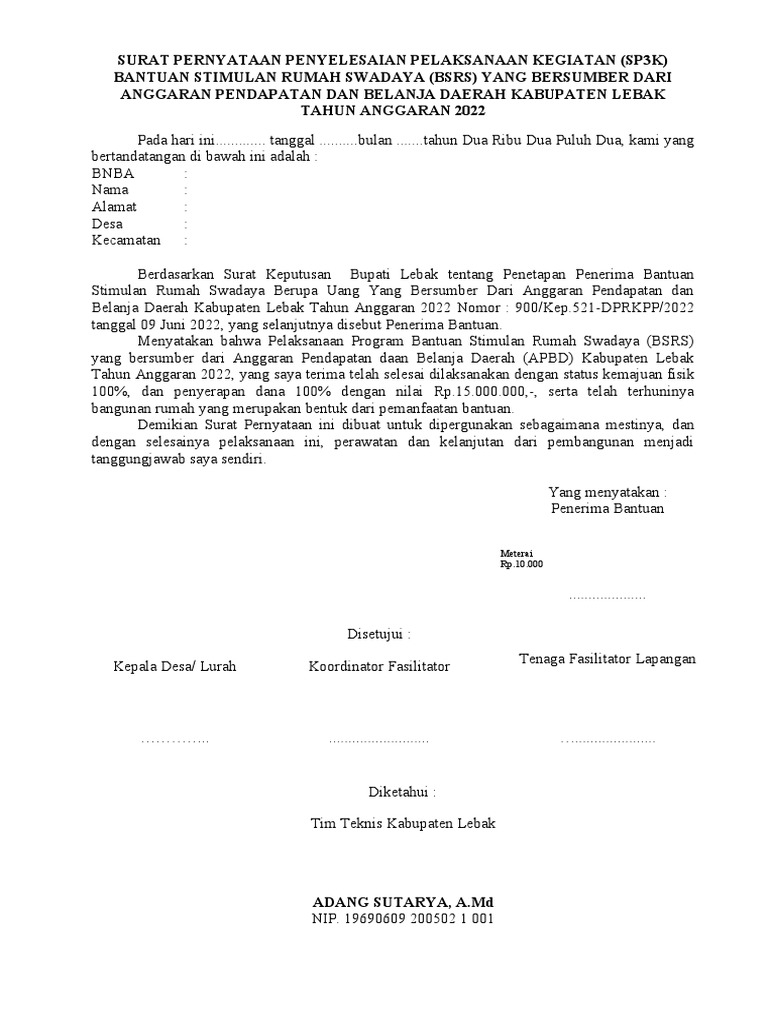 FORMAT Surat Pernyataan Pelaksanaan Penyelesaian Kegiatan (SP3K) - 1 | PDF