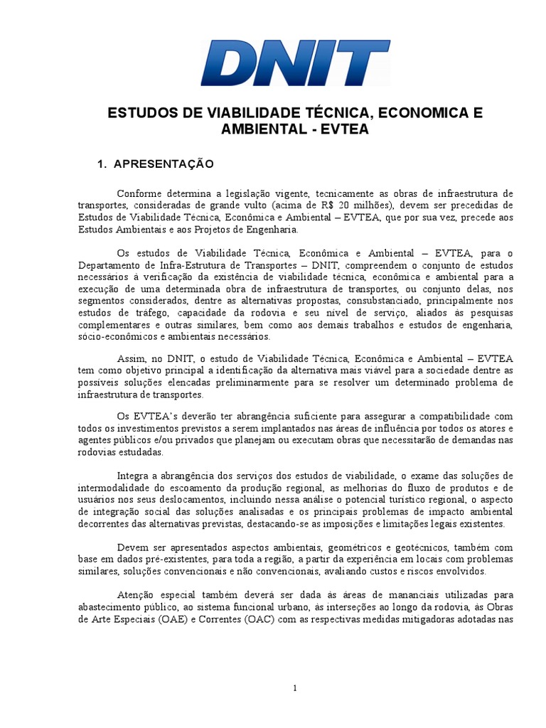 DNIT Estudos de Viabilidade EVTEA | PDF