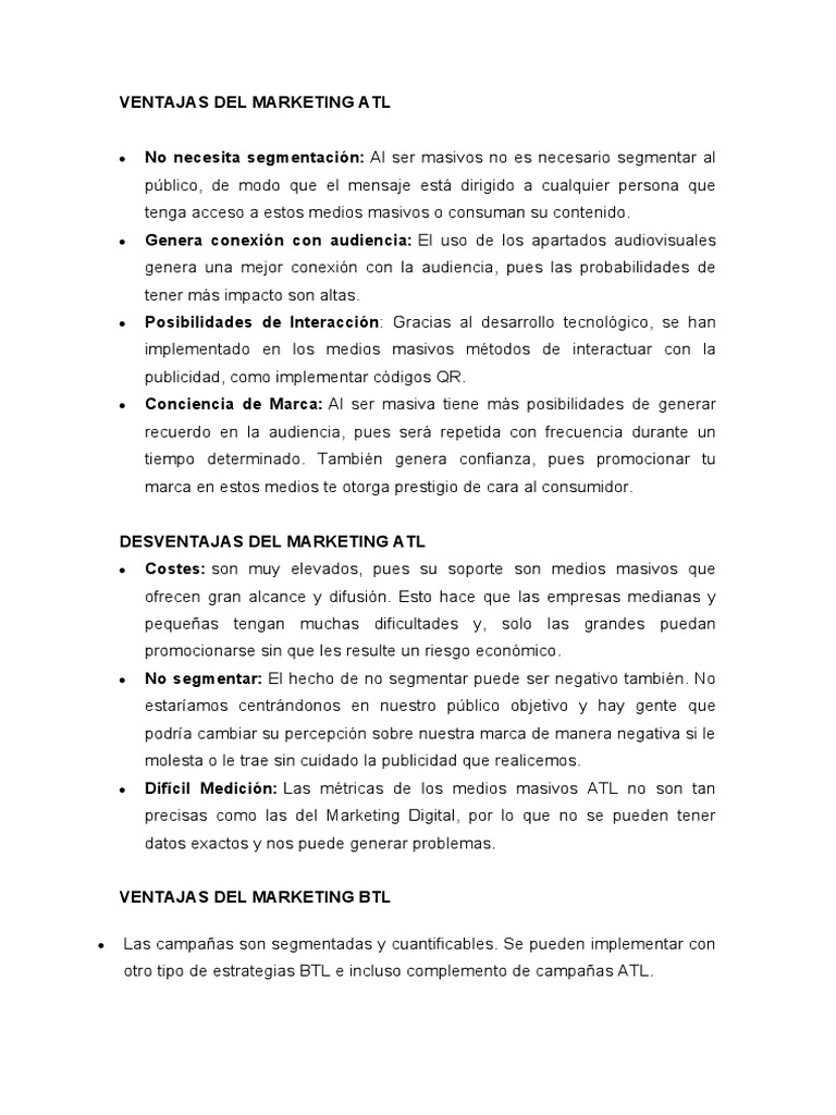 Ventajas y Desventajas de ATL y BTL | PDF | Publicidad | Marketing