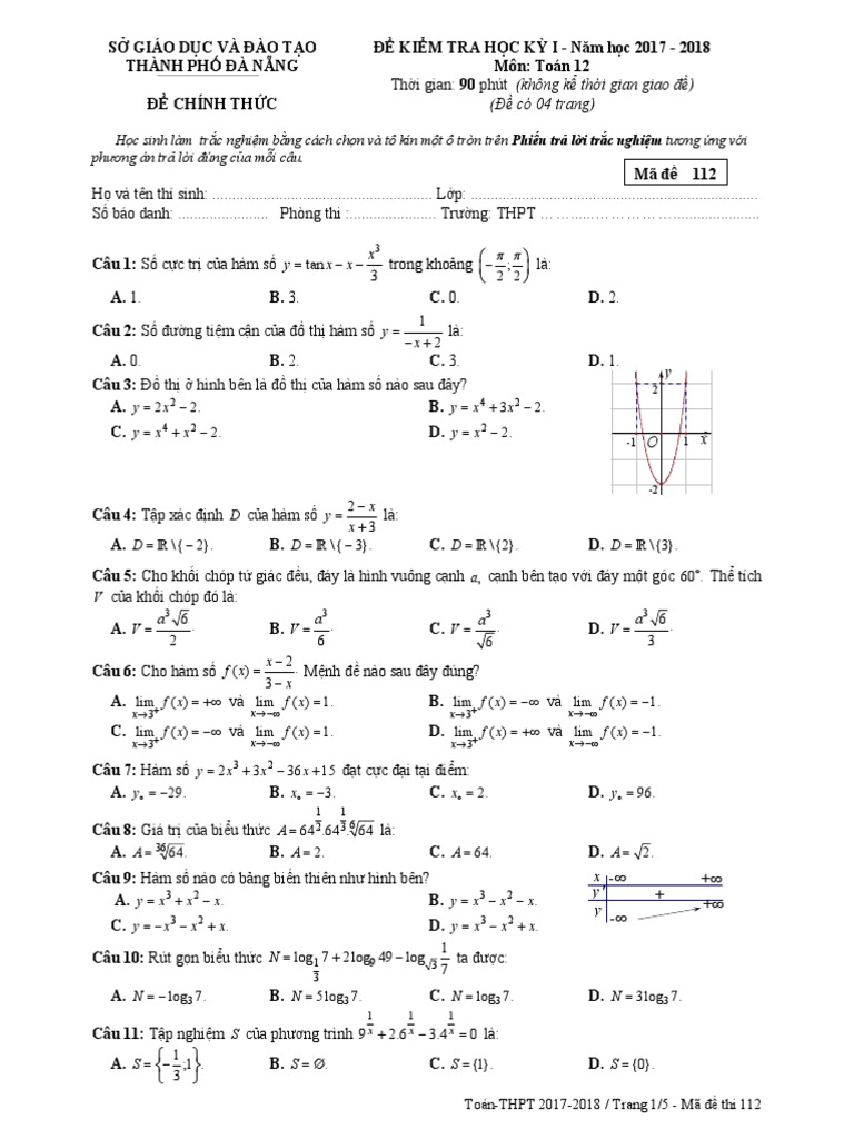 De Thi hk1 Toan 12 Nam Hoc 2017 2018 So GD Va DT Da Nang | PDF