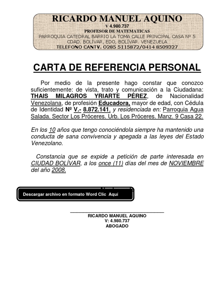 Formato Modelo Ejemplo Carta de Referencia Personal | PDF