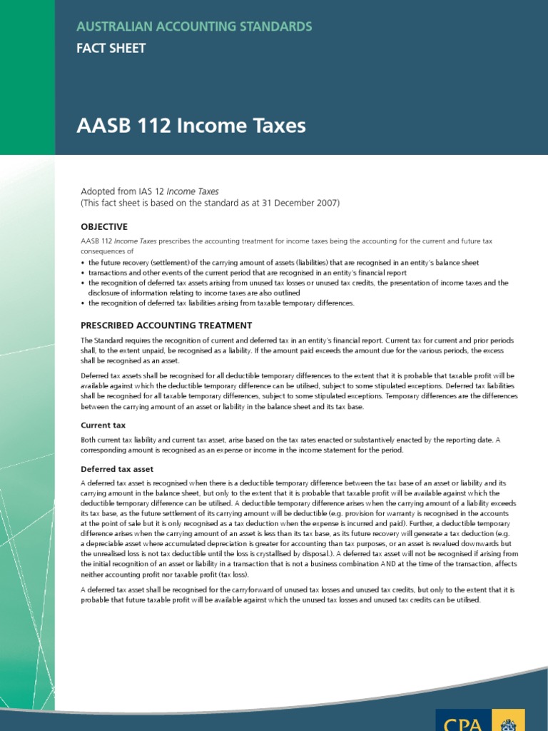AASB 112 Fact Sheet | PDF | Deferred Tax | Tax Expense