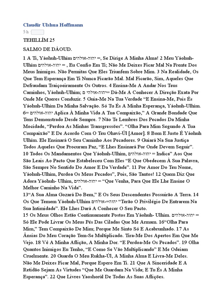 Tehillím 25 Salmo de Dáoud. 1 A Ti,... - Claudir Ulshua Hoffmann | PDF ...