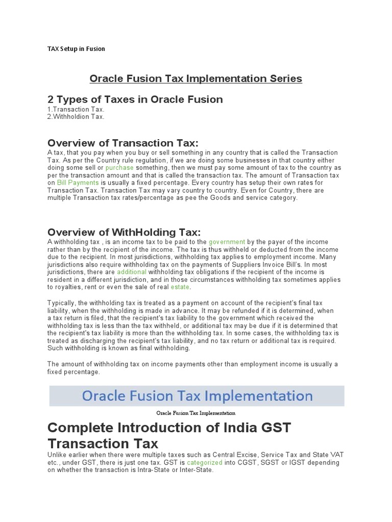 Oracle Fusion Tax Implementation Guide | PDF | Taxes | Government Finances