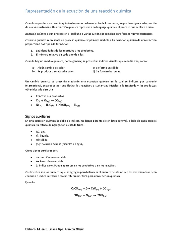ACTIVIDAD 10 Representaci N de La Ecuaci N de Una Reacci N Qu Mica | PDF | Reacciones químicas ...
