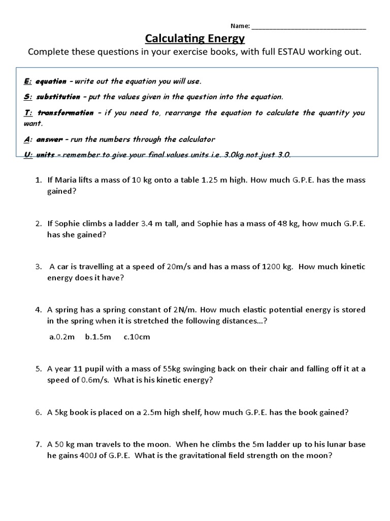 Calculating Energy: Complete These Questions in Your Exercise Books ...