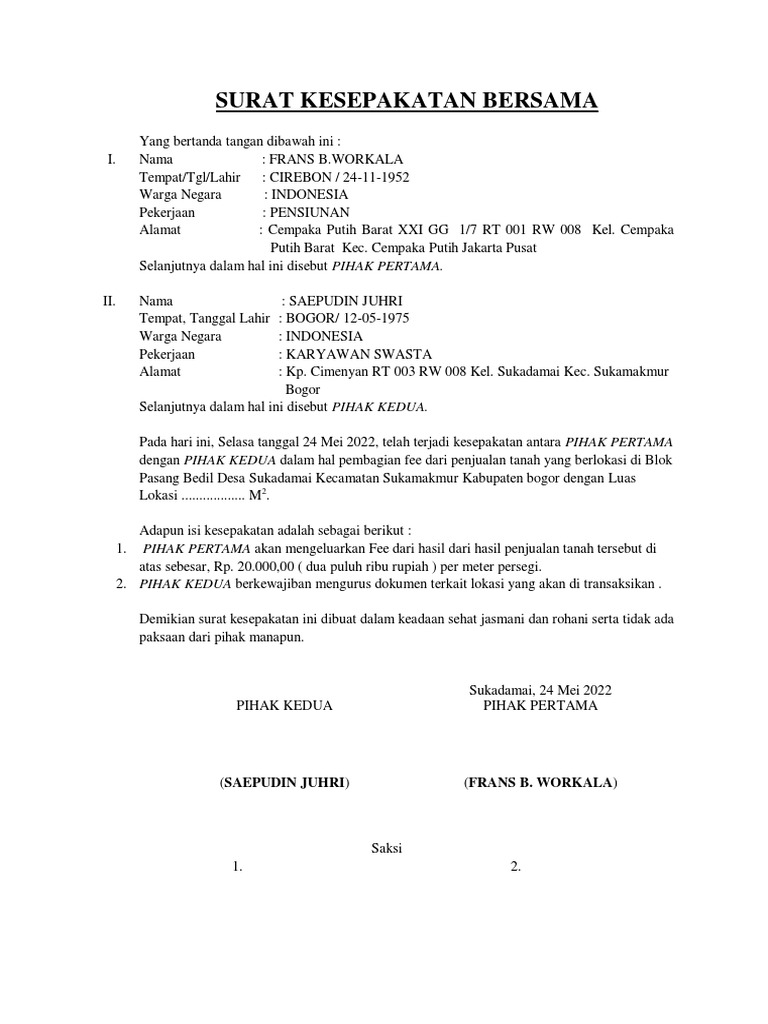 Surat Kesepakatan Bersama | PDF