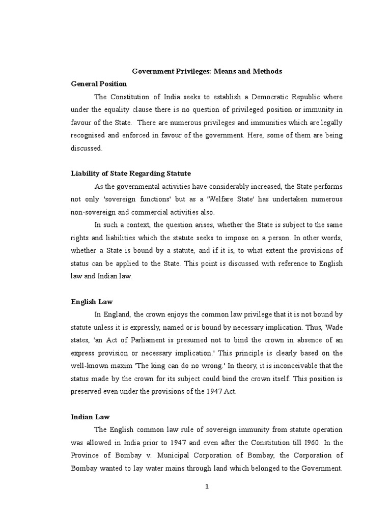 Government Privileges - Means and Methods | PDF | Sovereign Immunity ...