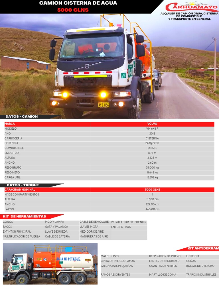 Ficha Tecnica - C. Agua - 5000 GLN - 2018 | PDF | Camión | Tecnología ...