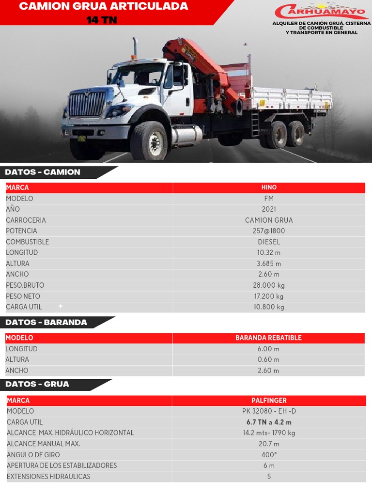 Ficha Tecnica - Grua 14 TN - Palfinger - 2021 | PDF