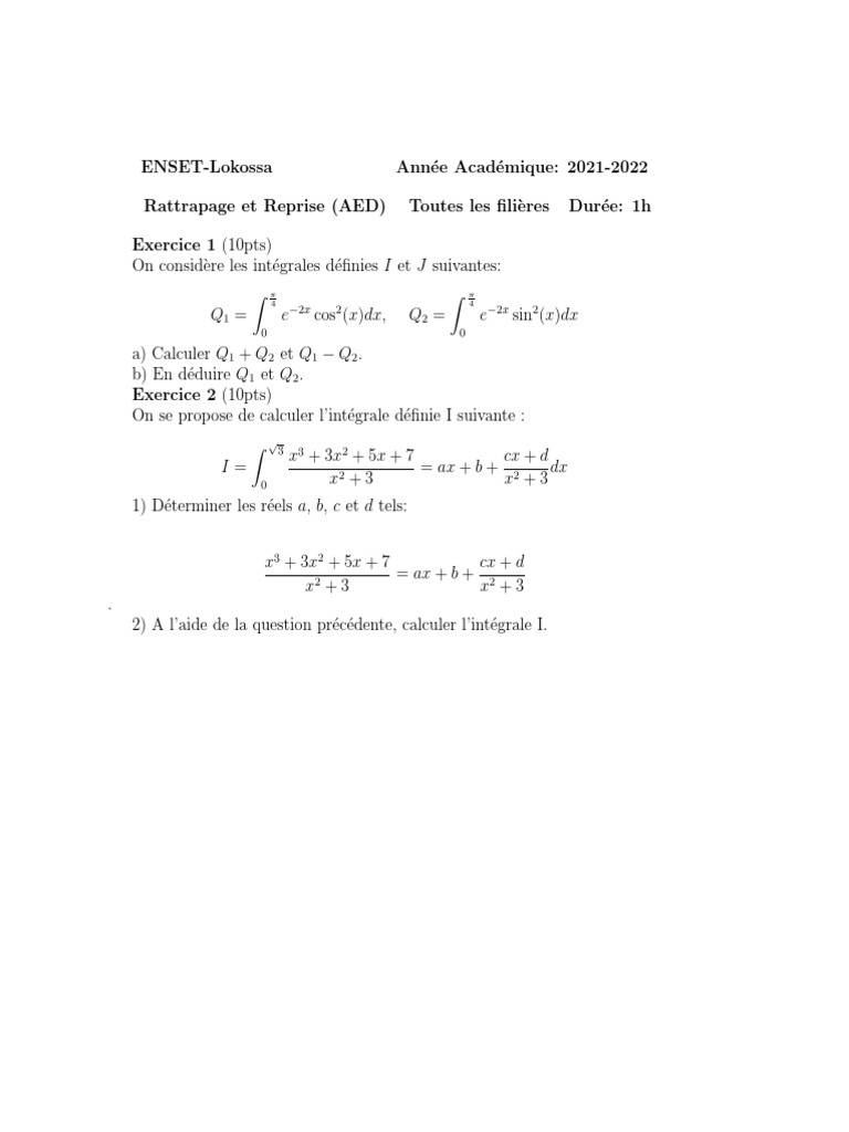 Intégrales définies : Exercices et solutions | PDF | Méthodes et ...