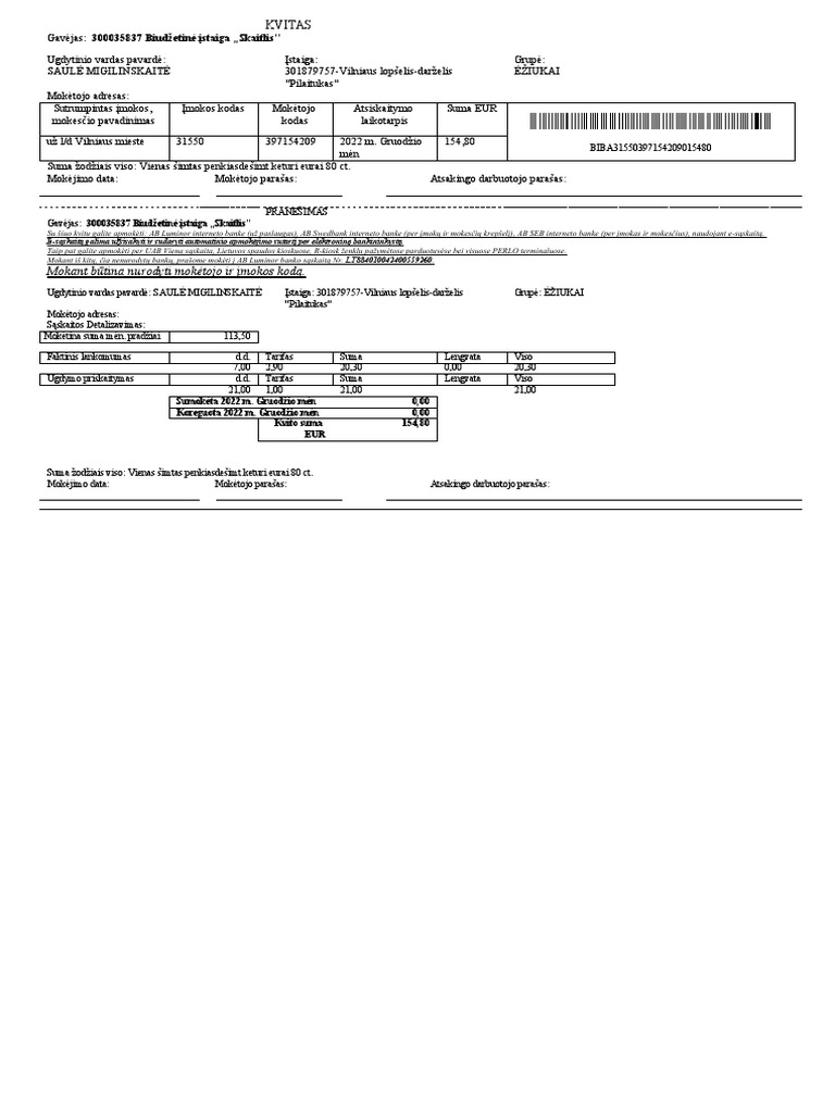 BIBA31550397154209015480/ : Mokant Būtina Nurodyti Mokėtojo Ir Įmokos ...