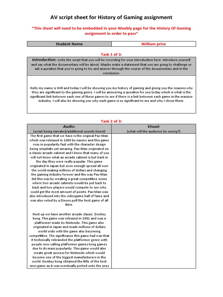 Av Script Sheet For History of Gaming Assignment | PDF | Nintendo ...
