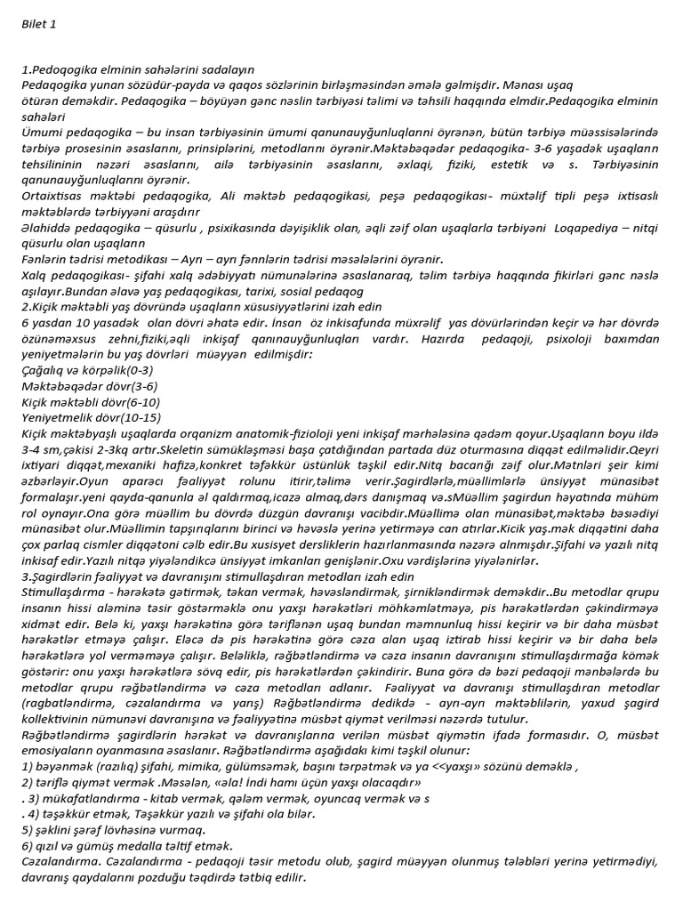 Pedaqogika Bilet Cavablar | PDF